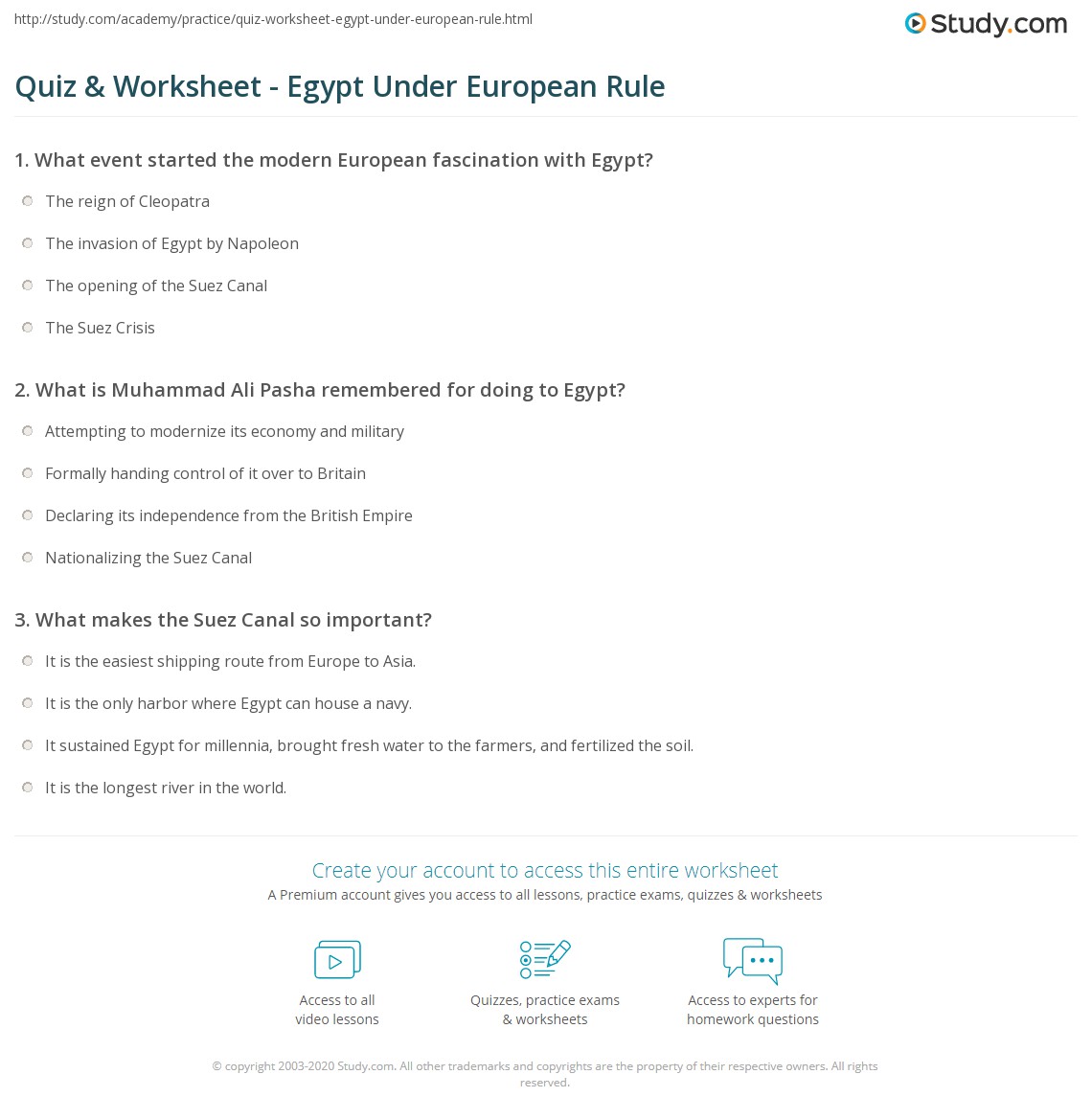 Quiz & Worksheet - Egypt Under European Rule | Study.com