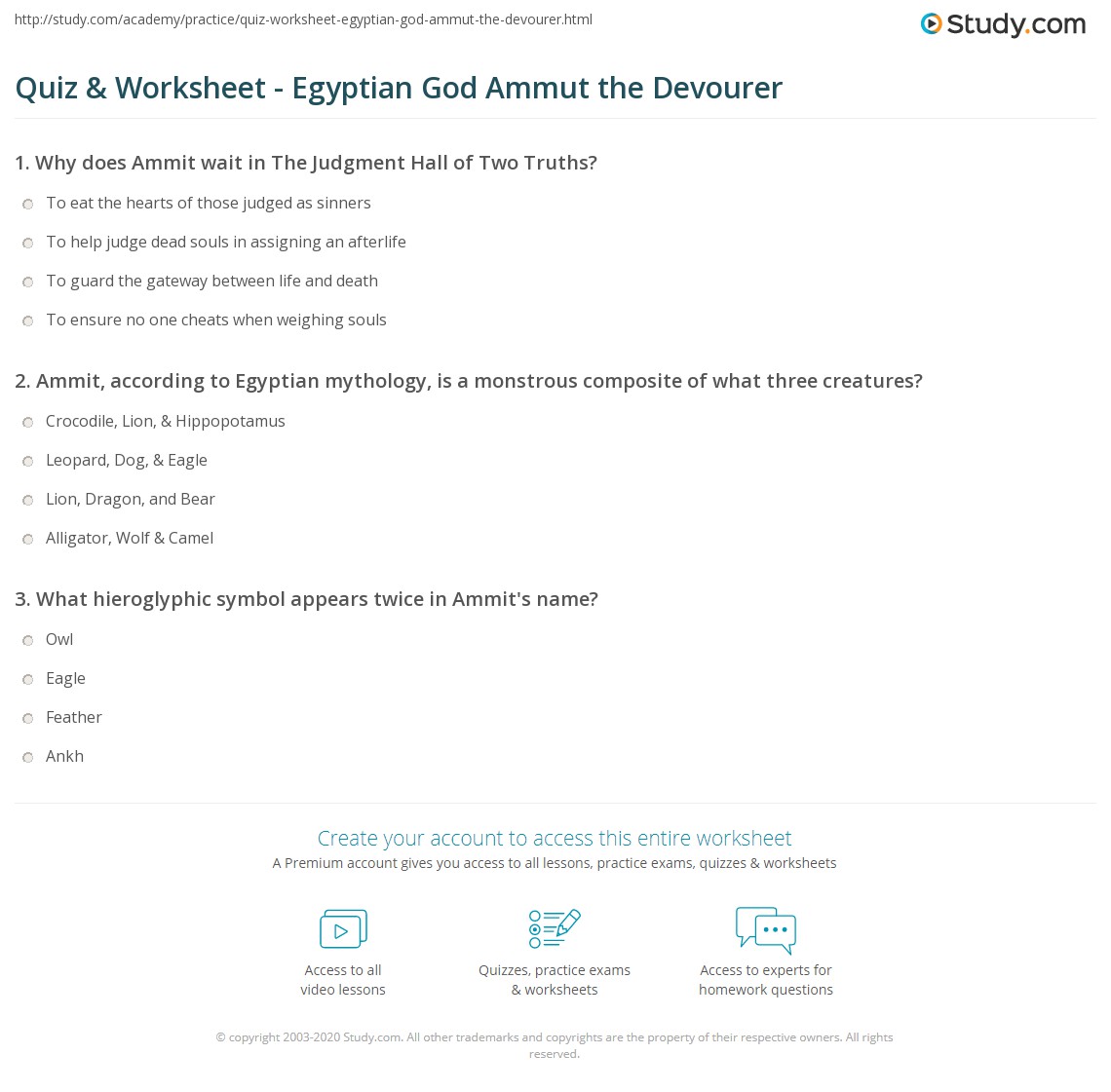 Quiz & Worksheet - Egyptian God Ammut the Devourer | Study.com