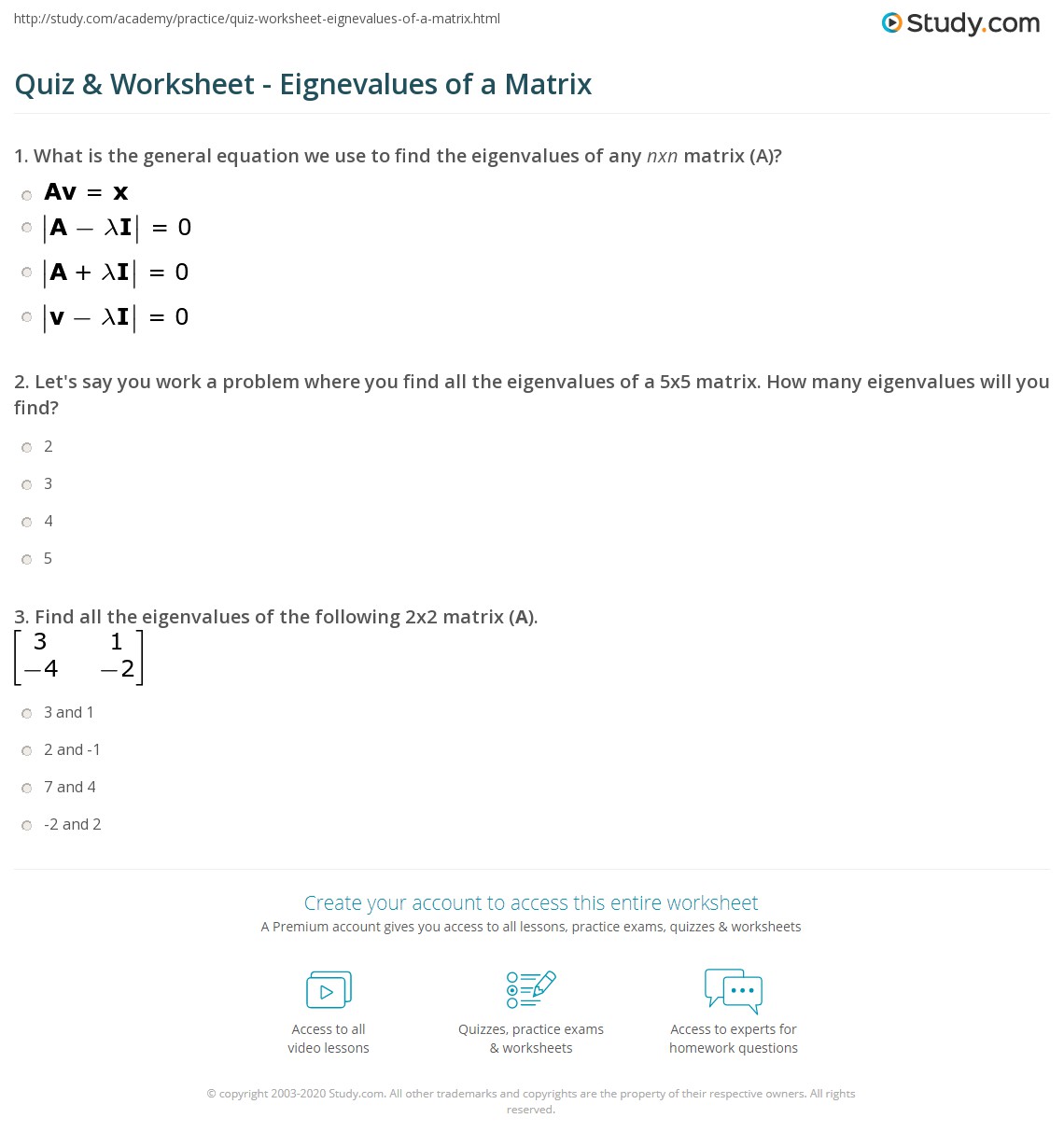 Quiz & Worksheet - Eignevalues of a Matrix | Study.com