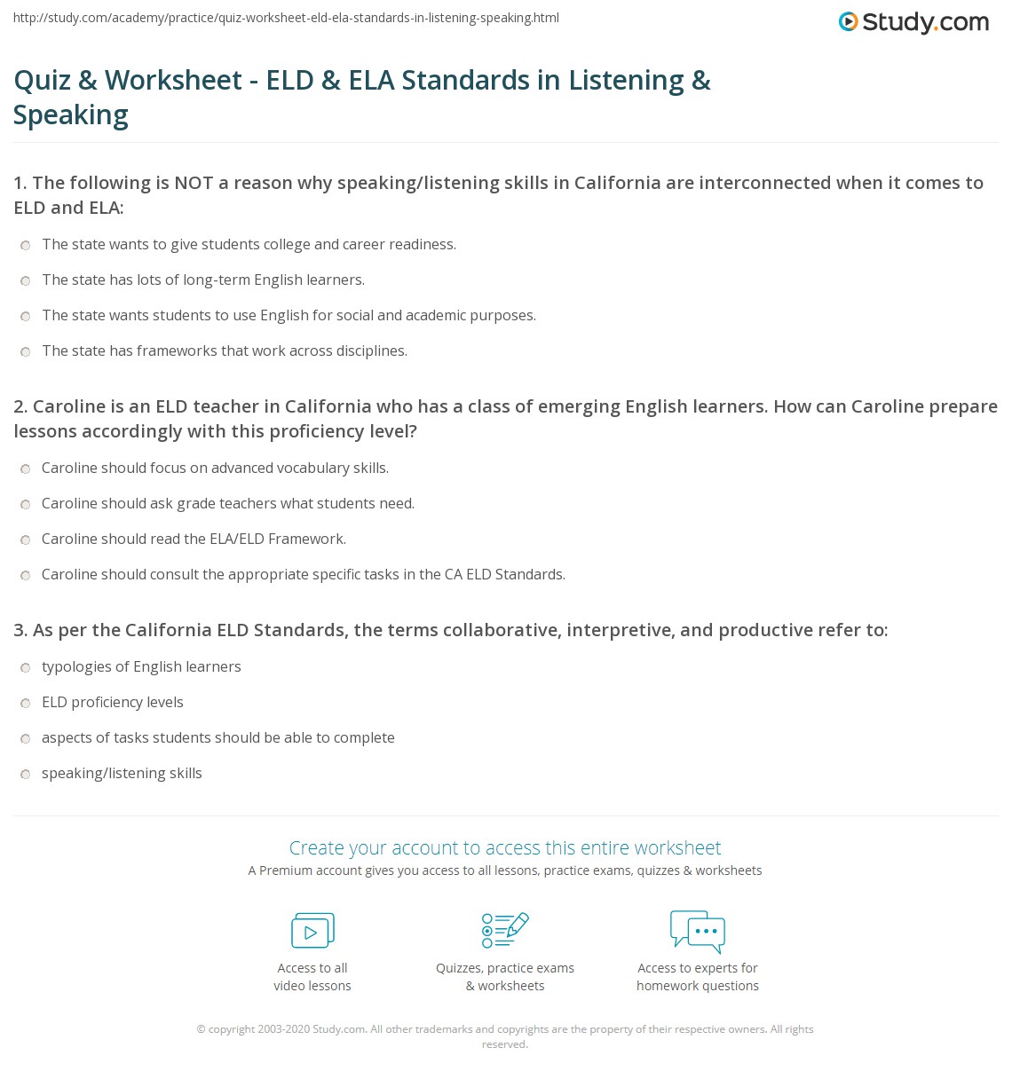Quiz & Worksheet - ELD & ELA Standards in Listening & Speaking | Study.com