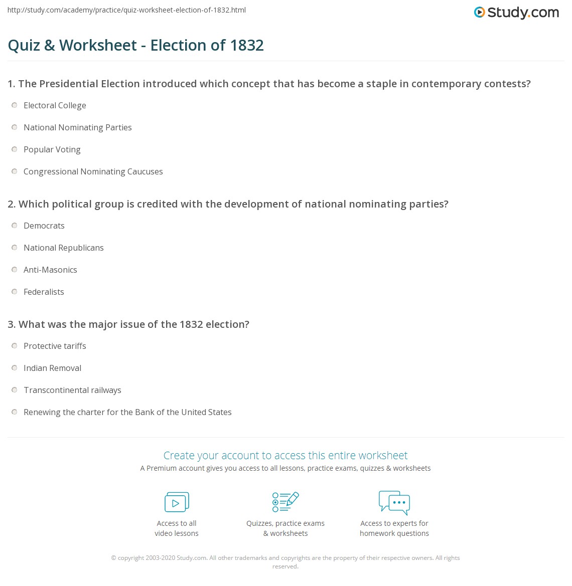 Quiz & Worksheet - Election of 1832 | Study.com