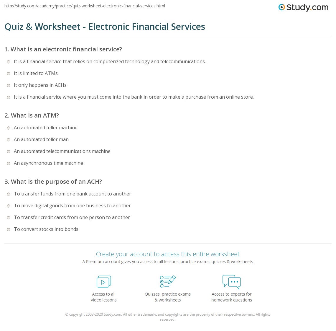 Quiz & Worksheet - Electronic Financial Services | Study.com