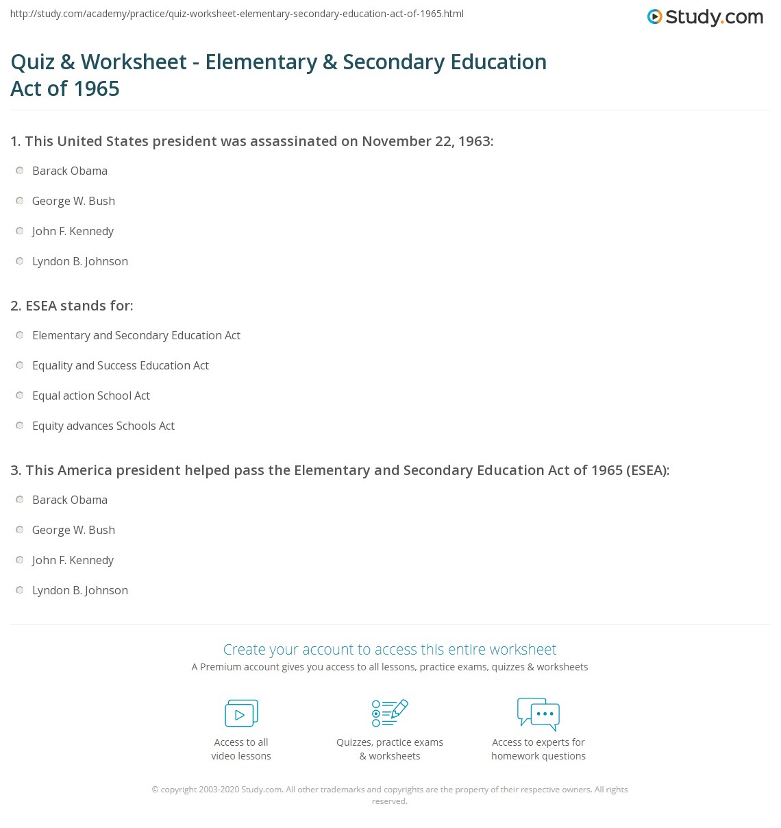 Quiz & Worksheet - Elementary & Secondary Education Act of 1965 | Study.com