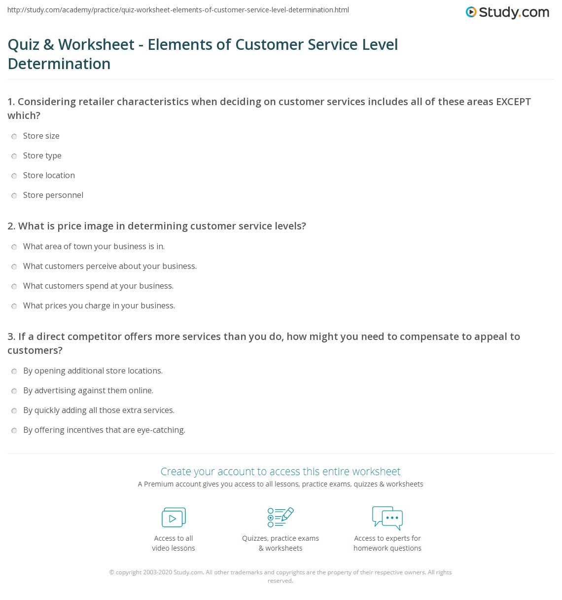 Quiz & Worksheet - Elements of Customer Service Level Determination ...