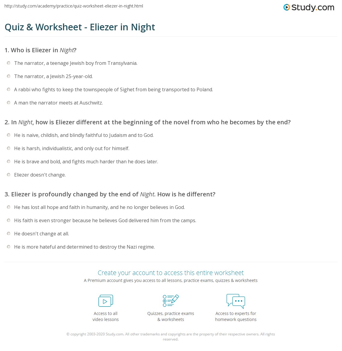 Quiz & Worksheet - Eliezer in Night | Study.com
