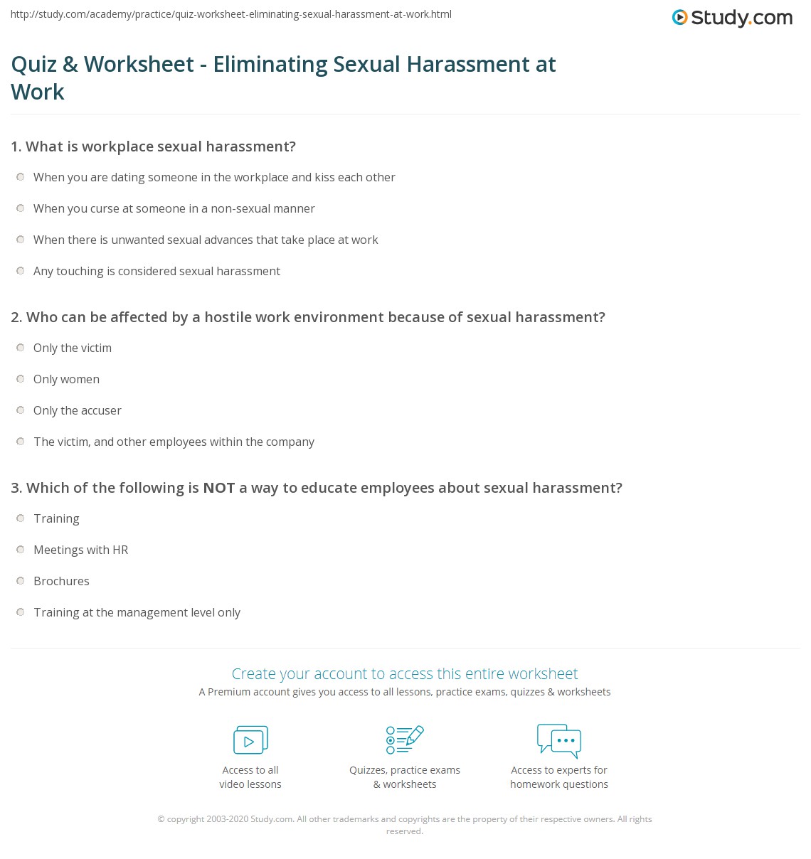 Quiz & Worksheet - Eliminating Sexual Harassment at Work | Study.com