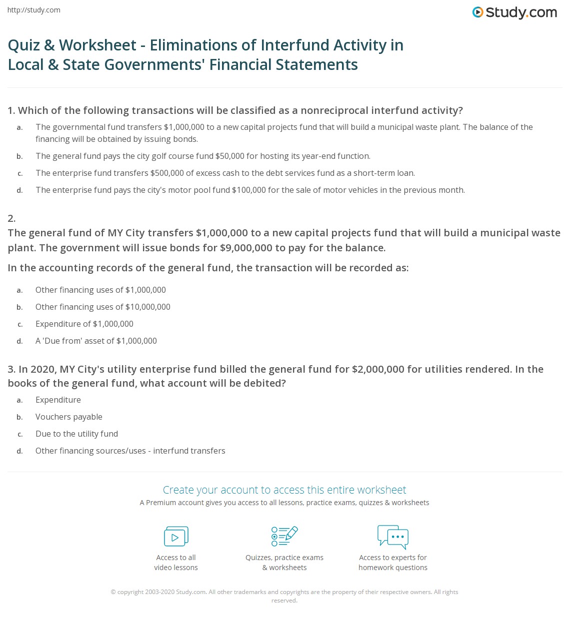 Quiz & Worksheet - Eliminations of Interfund Activity in Local & State ...