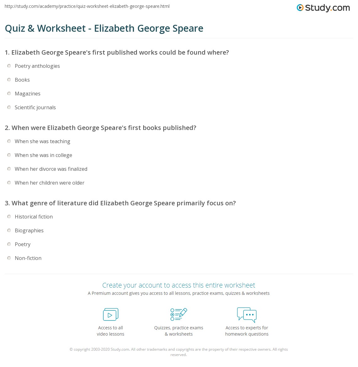 Quiz & Worksheet - Elizabeth George Speare | Study.com