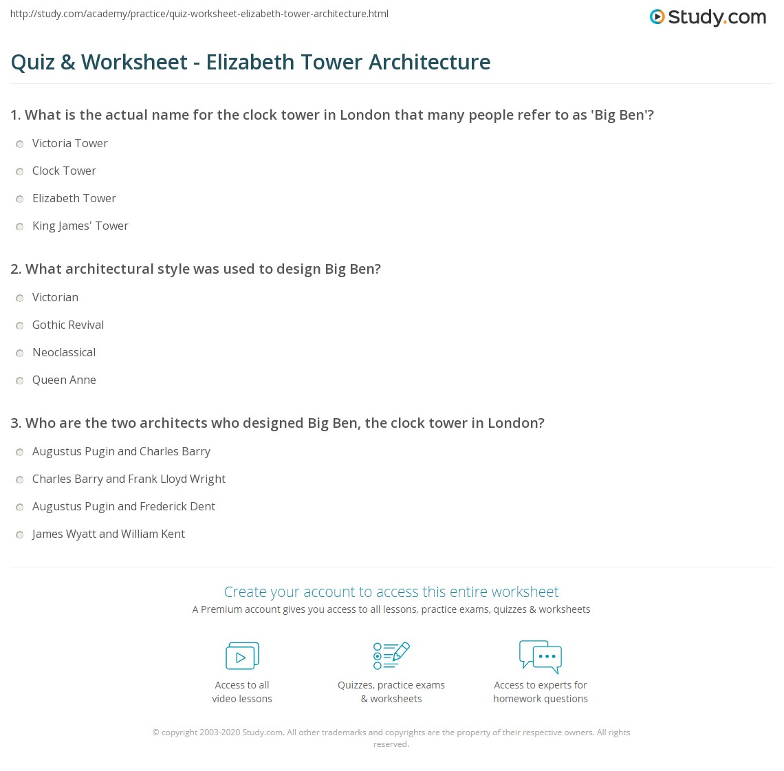 Quiz & Worksheet - Elizabeth Tower Architecture | Study.com