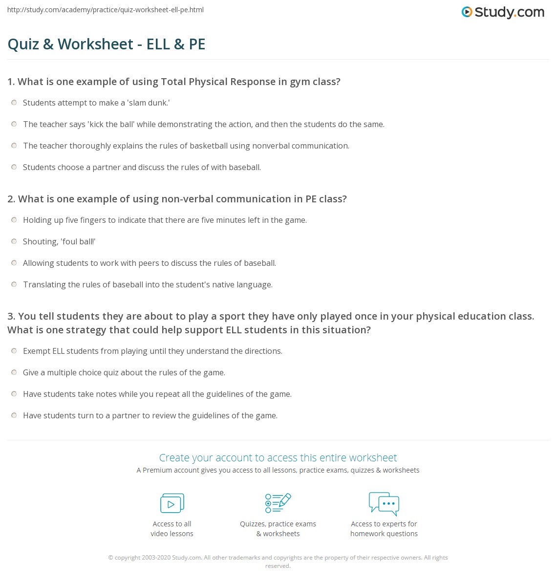 Quiz & Worksheet - ELL & PE | Study.com