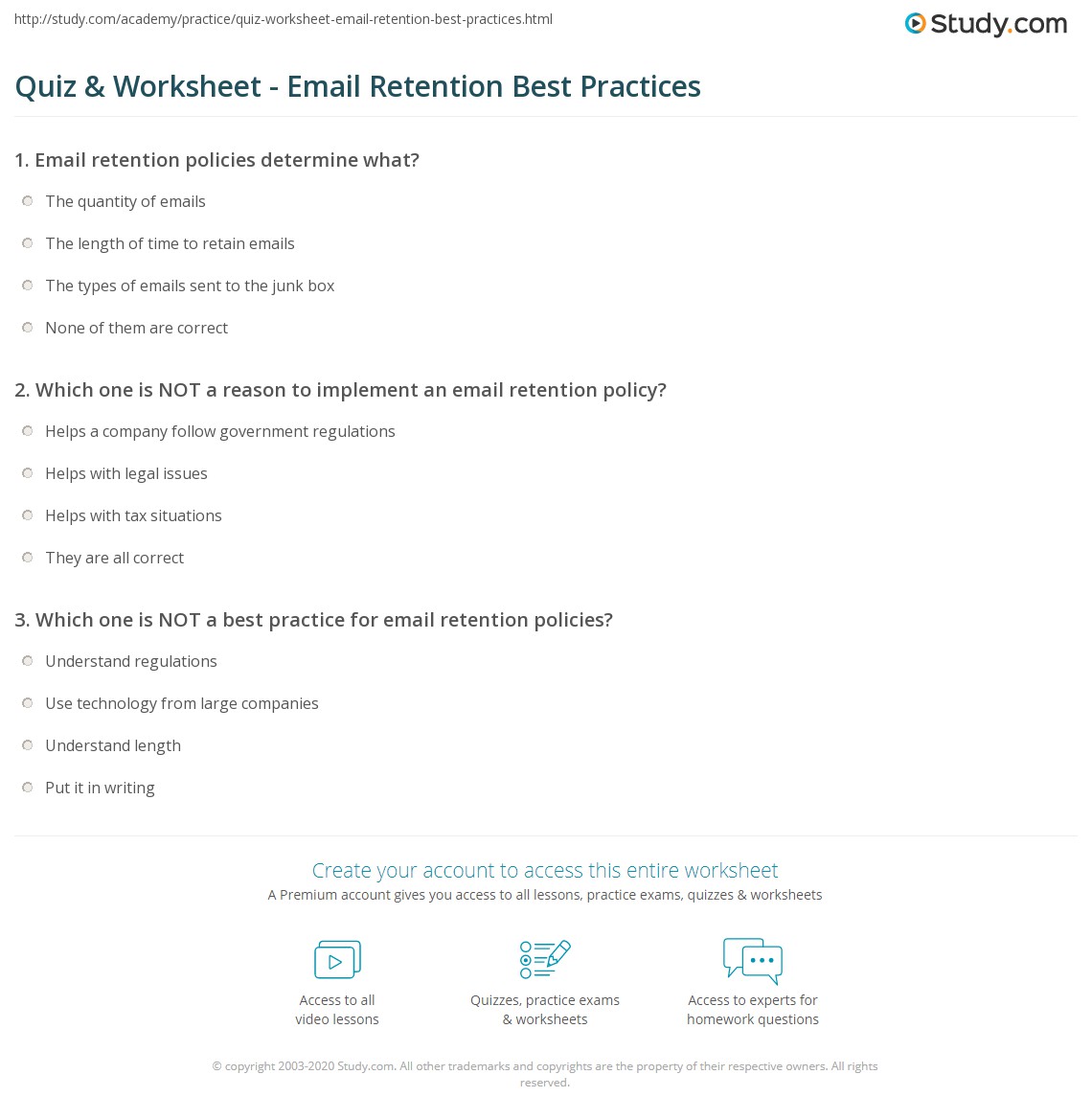 Quiz & Worksheet - Email Retention Best Practices | Study.com
