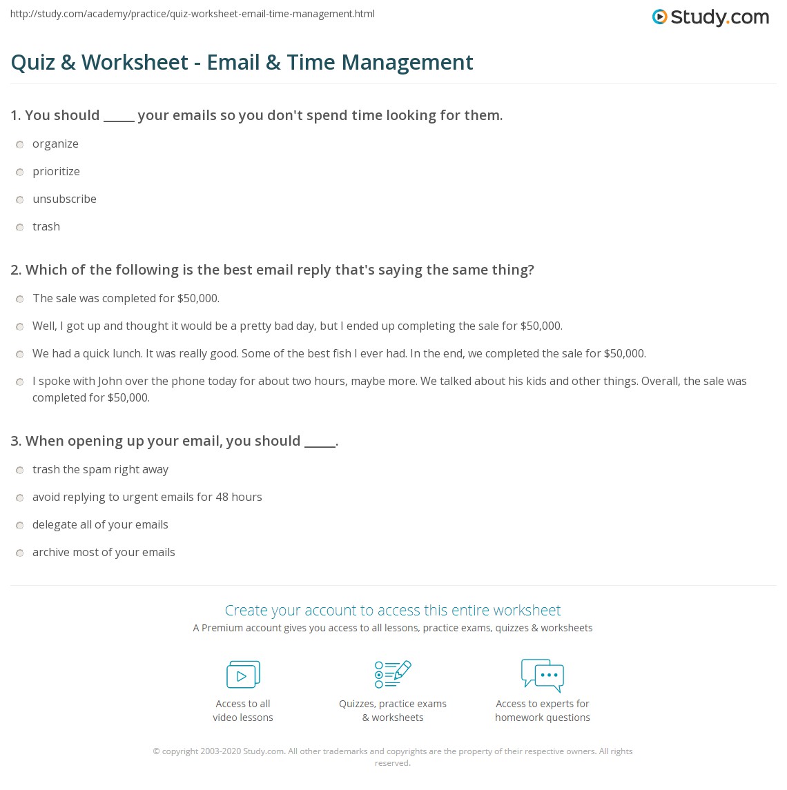 Quiz & Worksheet - Email & Time Management | Study.com