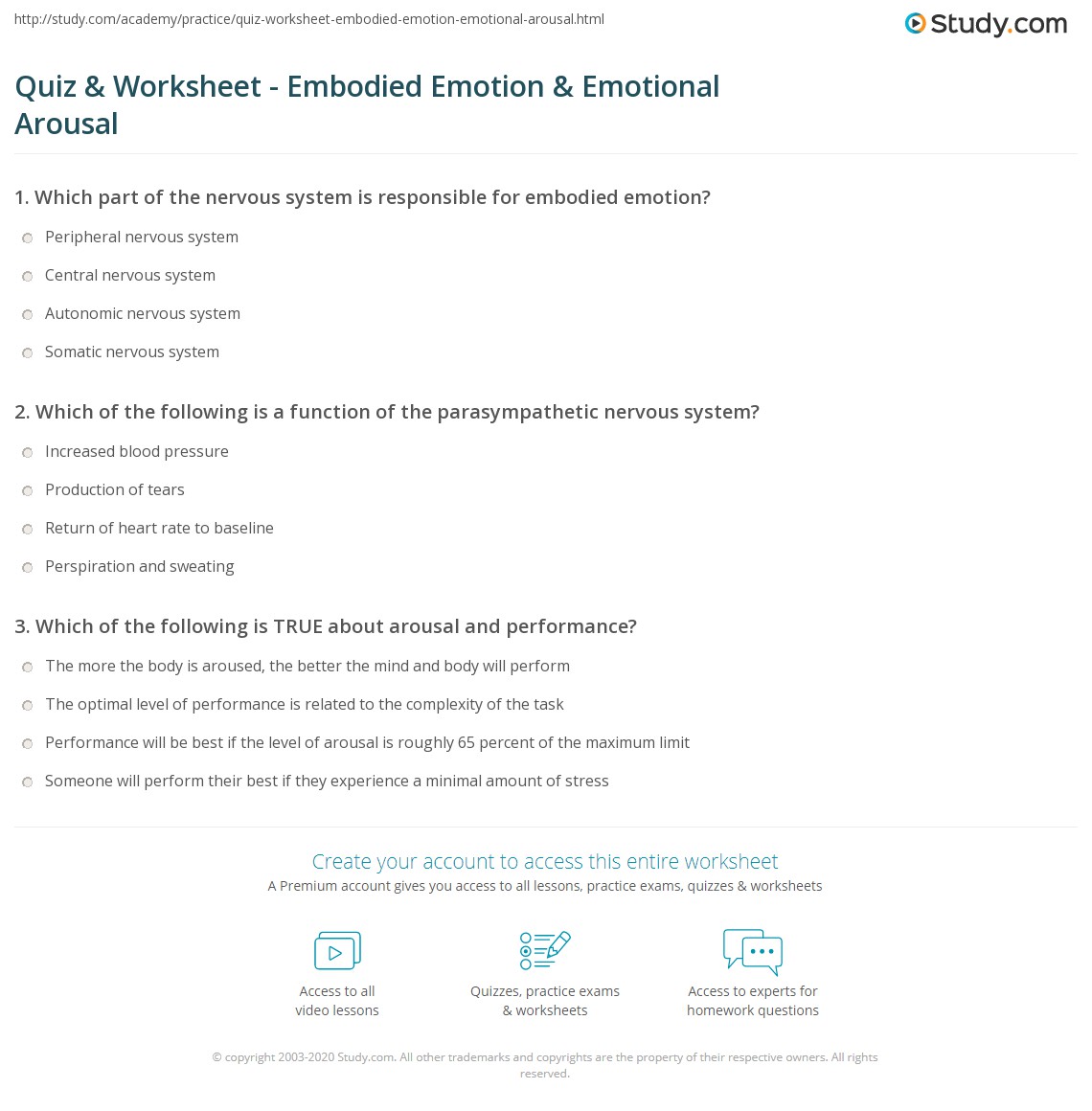 Quiz & Worksheet - Embodied Emotion & Emotional Arousal | Study.com