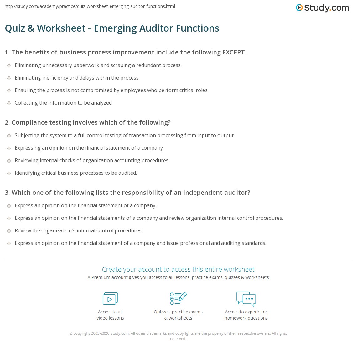 Quiz & Worksheet - Emerging Auditor Functions | Study.com