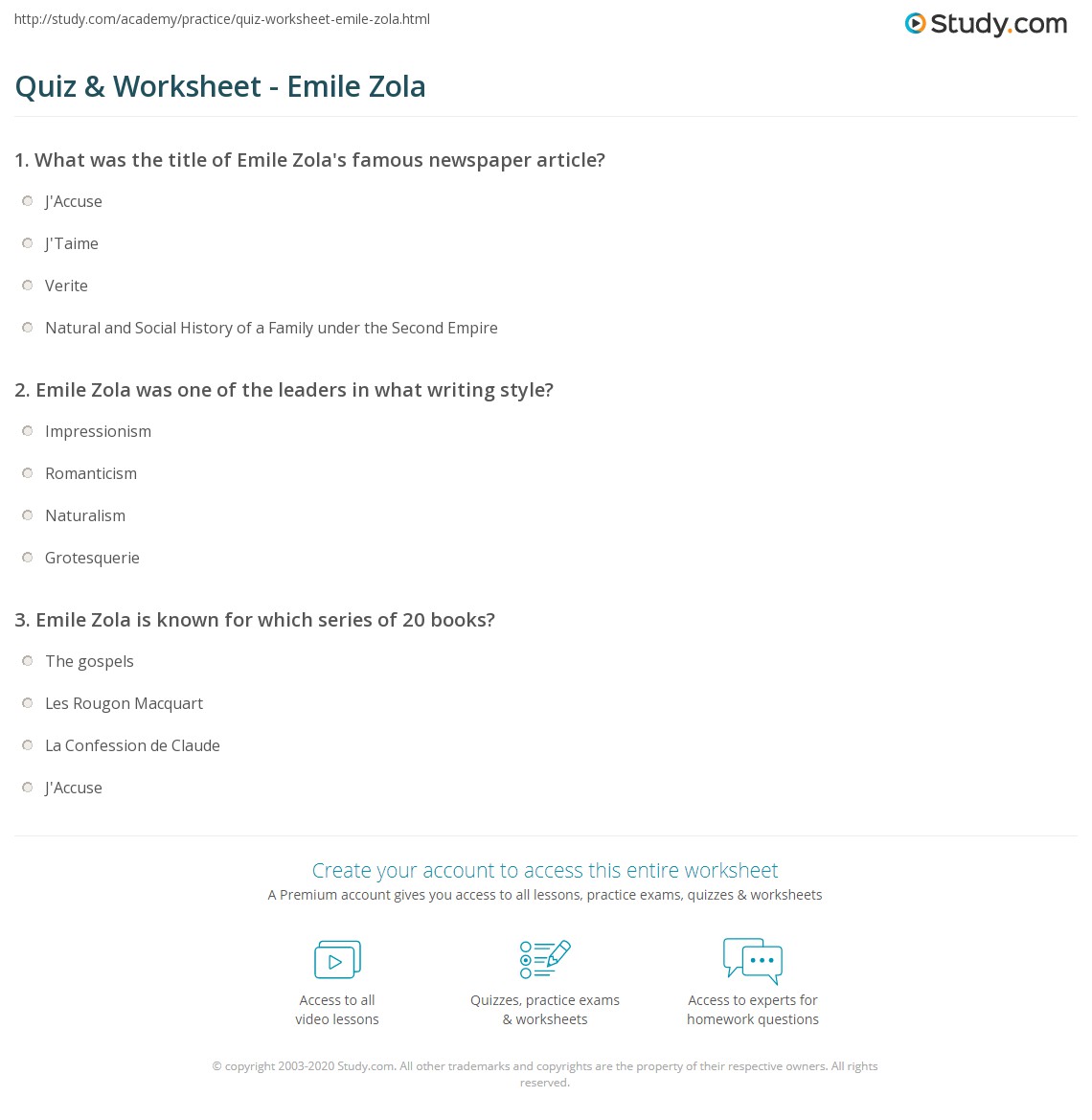 Quiz & Worksheet - Emile Zola | Study.com