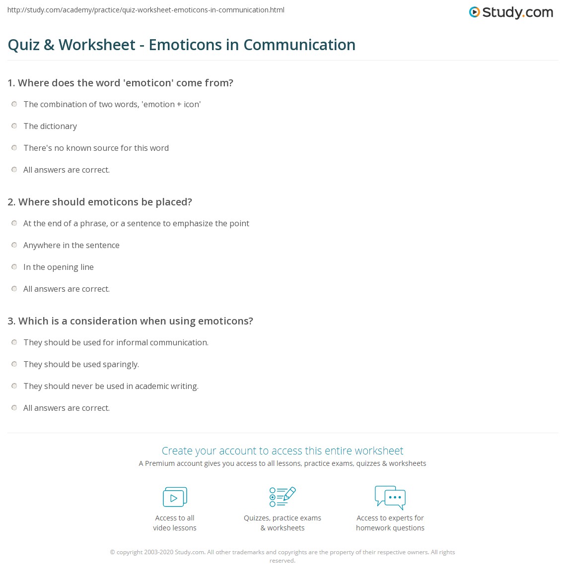 Quiz & Worksheet - Emoticons in Communication | Study.com