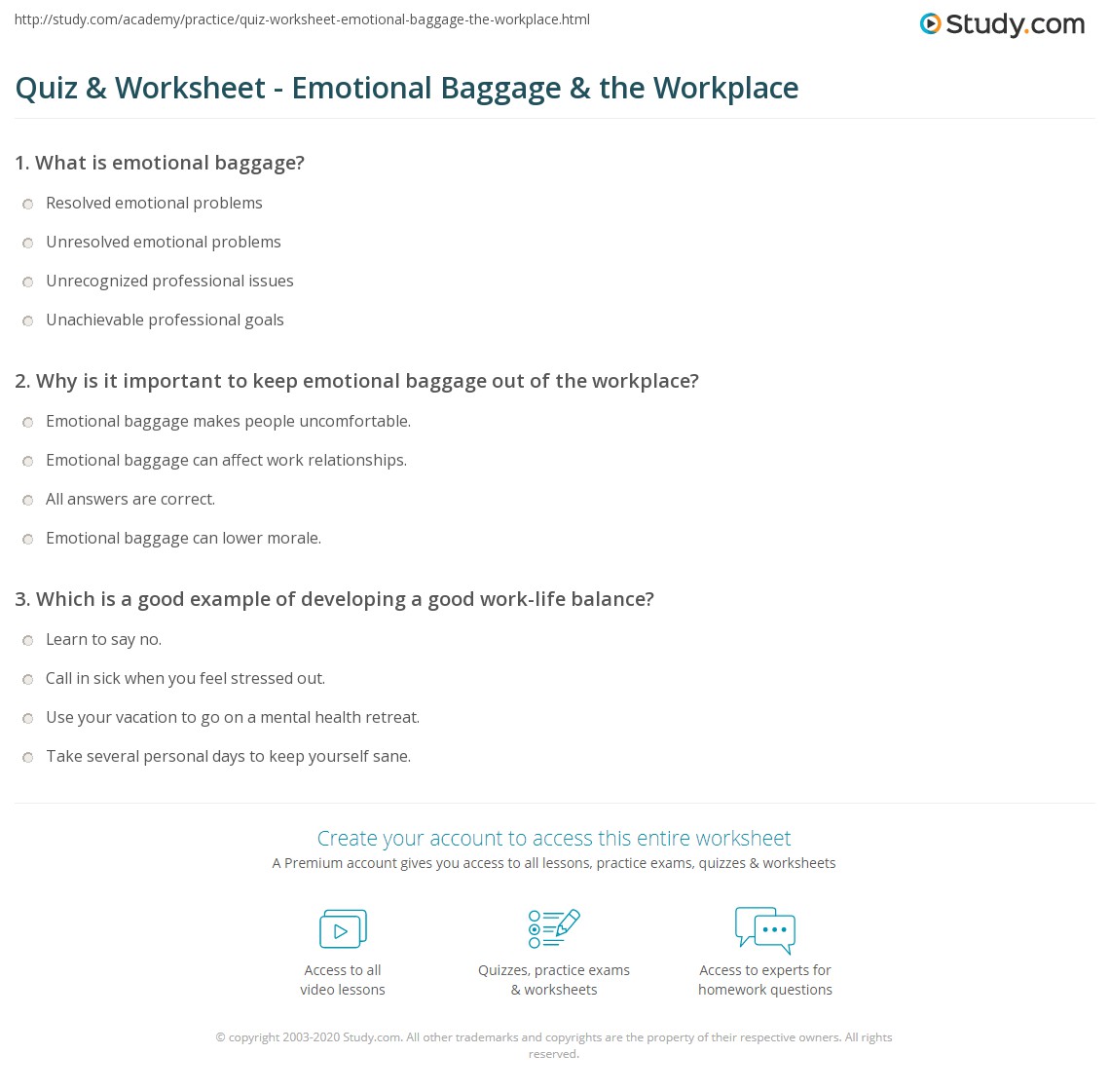 Quiz & Worksheet - Emotional Baggage & the Workplace | Study.com