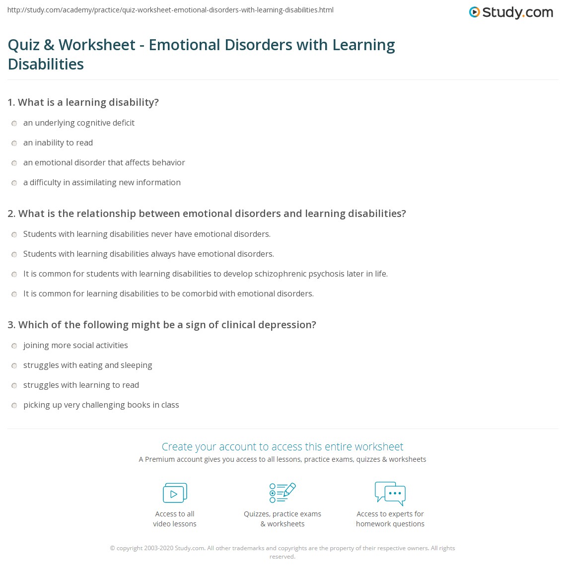 Quiz & Worksheet - Emotional Disorders with Learning Disabilities ...