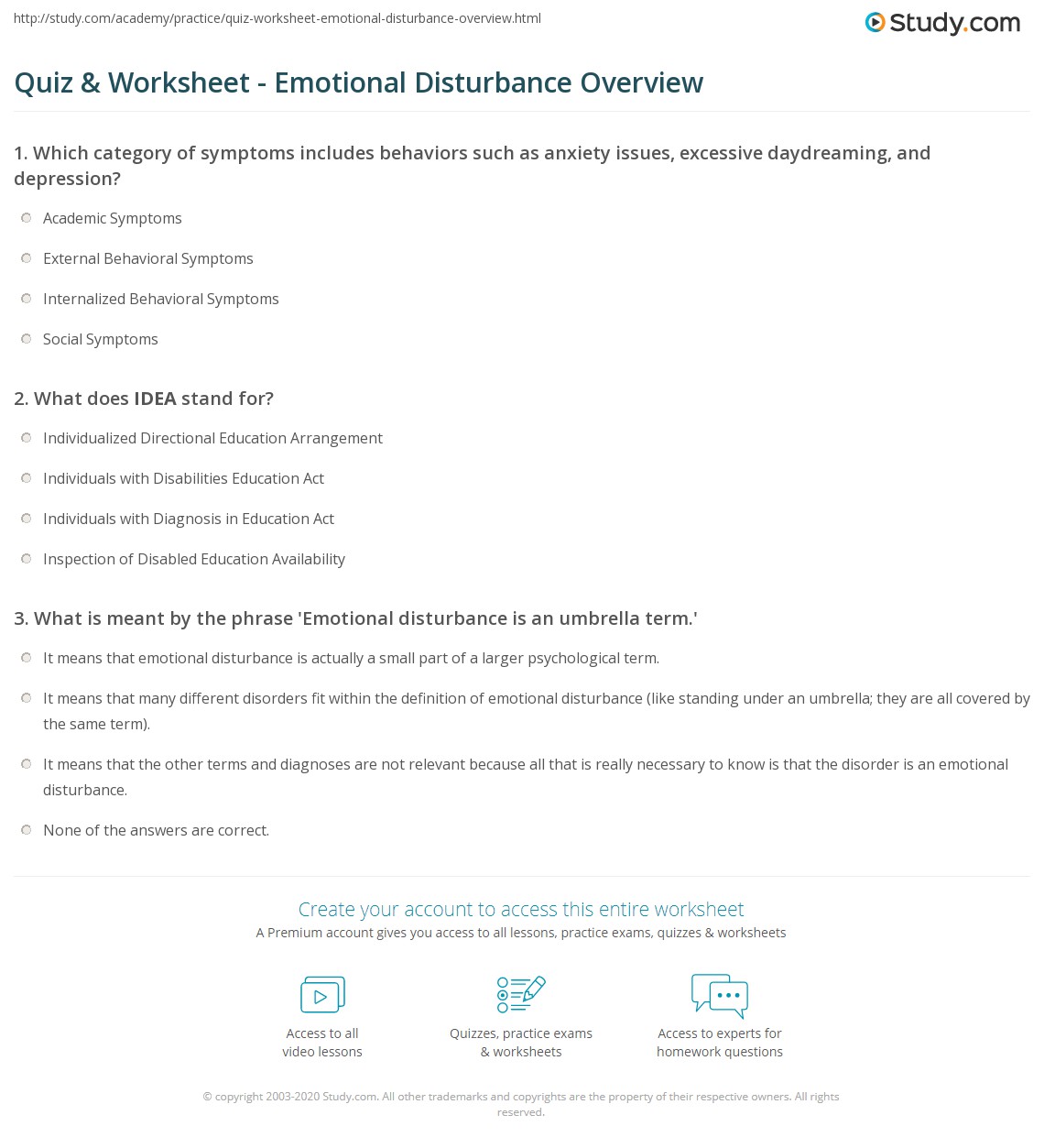 Quiz & Worksheet - Emotional Disturbance Overview | Study.com