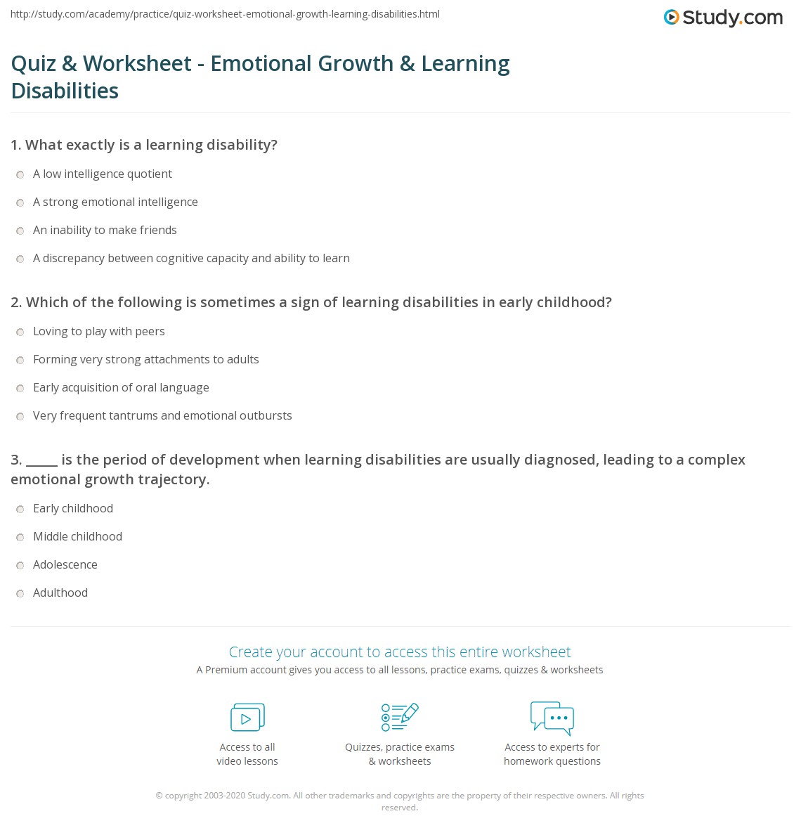 Quiz & Worksheet - Emotional Growth & Learning Disabilities | Study.com