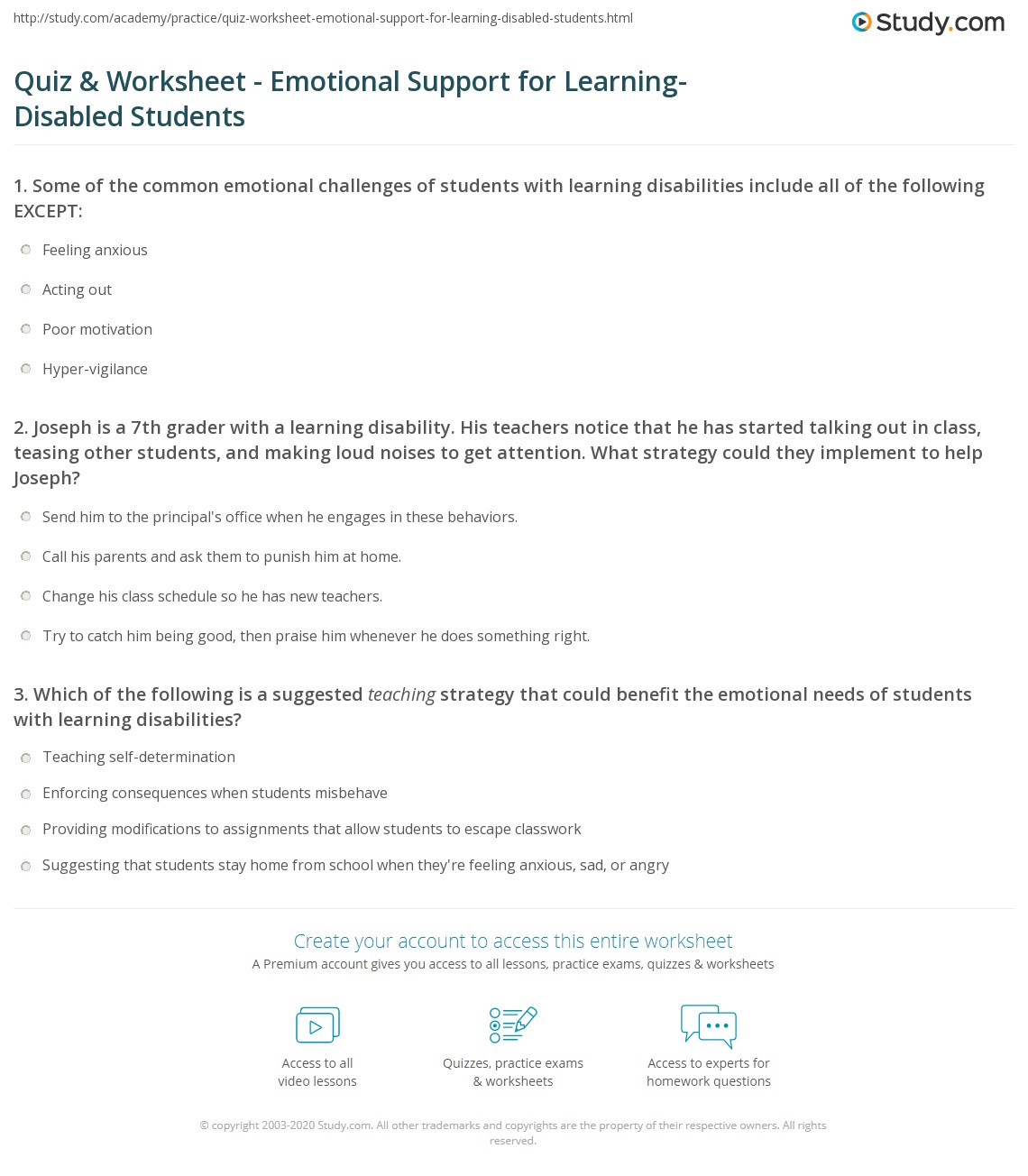 Quiz & Worksheet - Emotional Support for Learning-Disabled Students ...