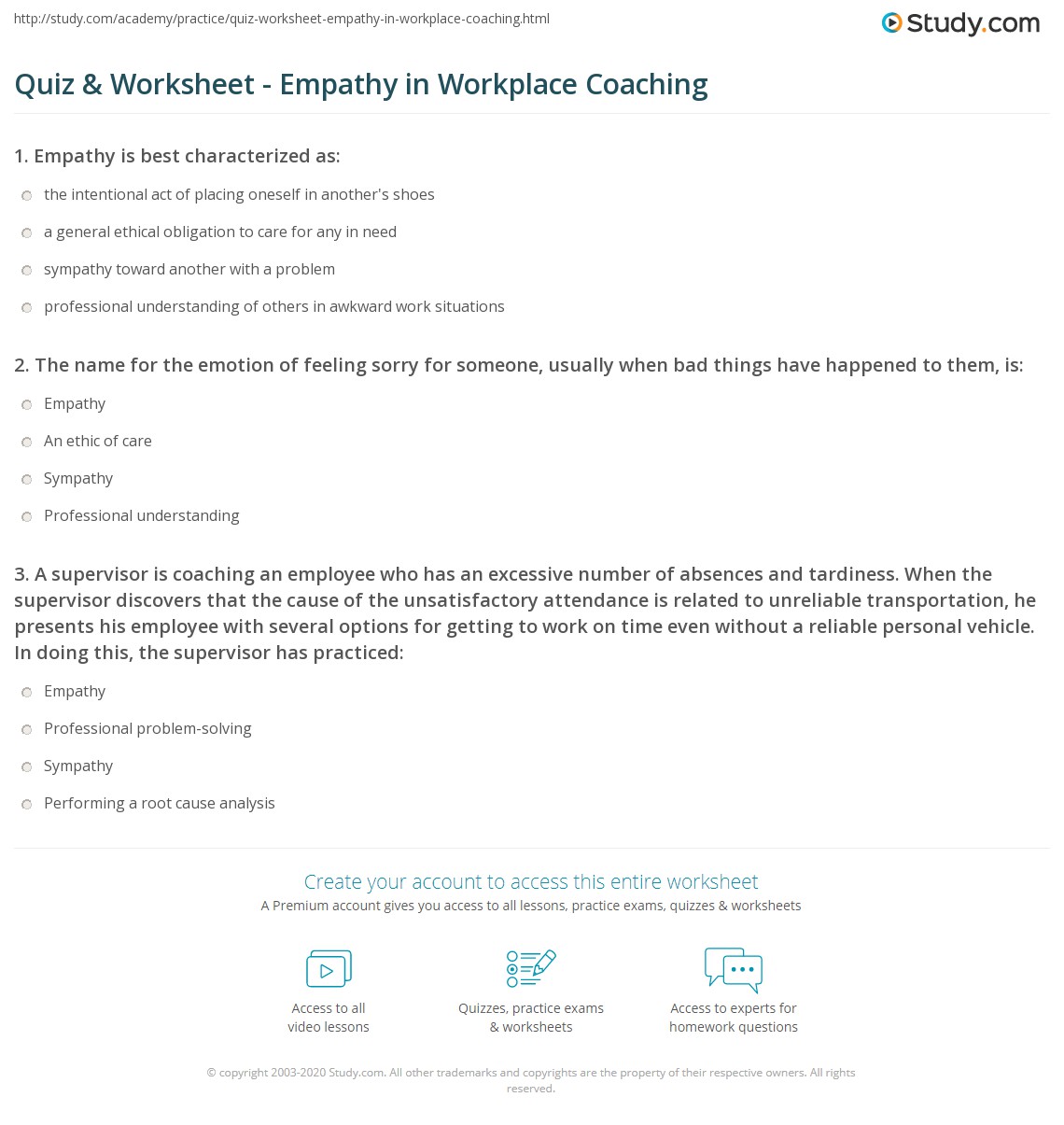 Quiz & Worksheet - Empathy in Workplace Coaching | Study.com