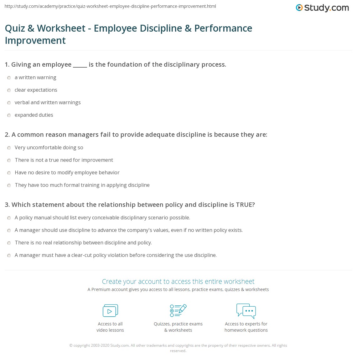 Quiz & Worksheet - Employee Discipline & Performance Improvement ...