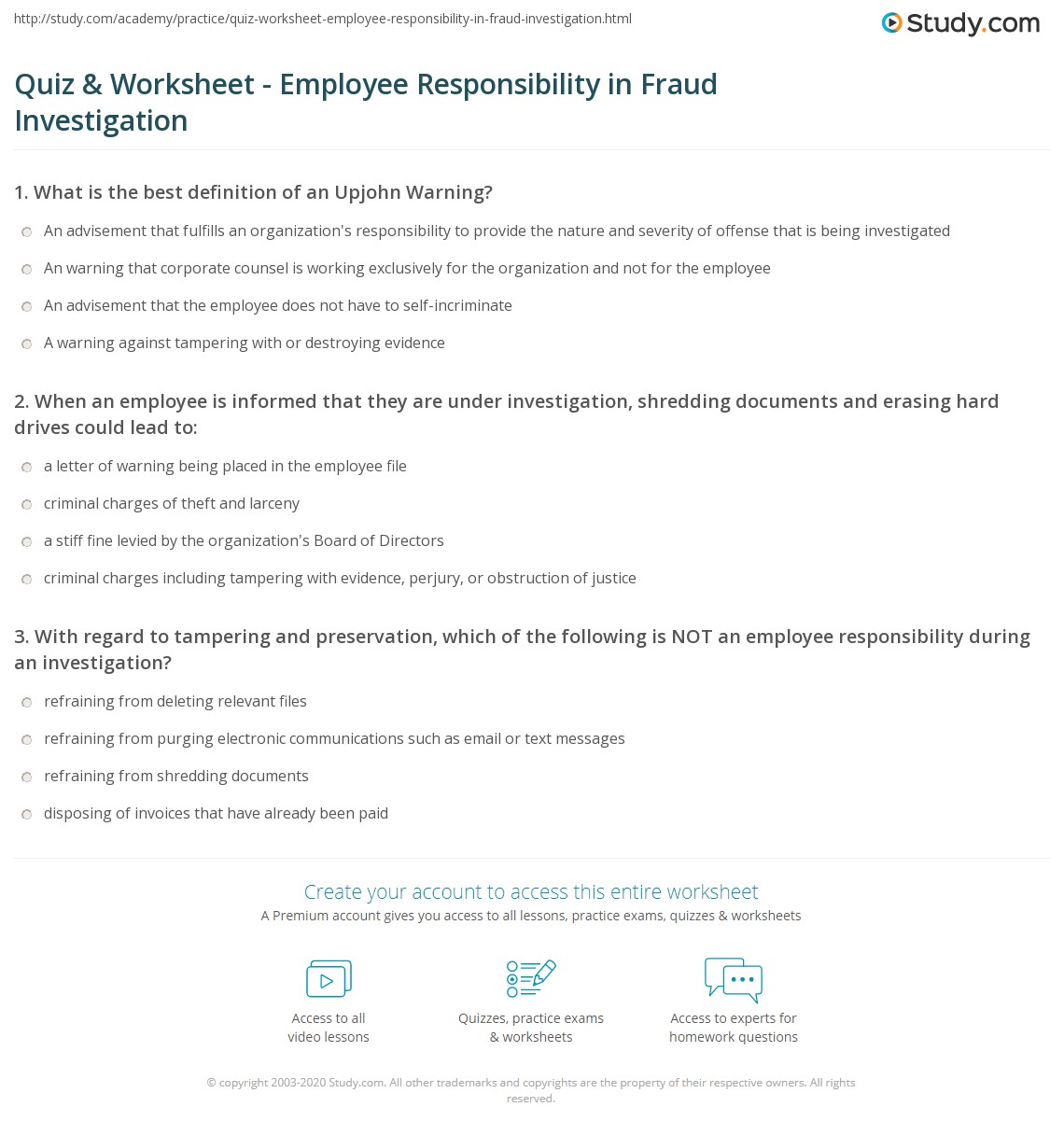 Quiz & Worksheet - Employee Responsibility in Fraud Investigation ...