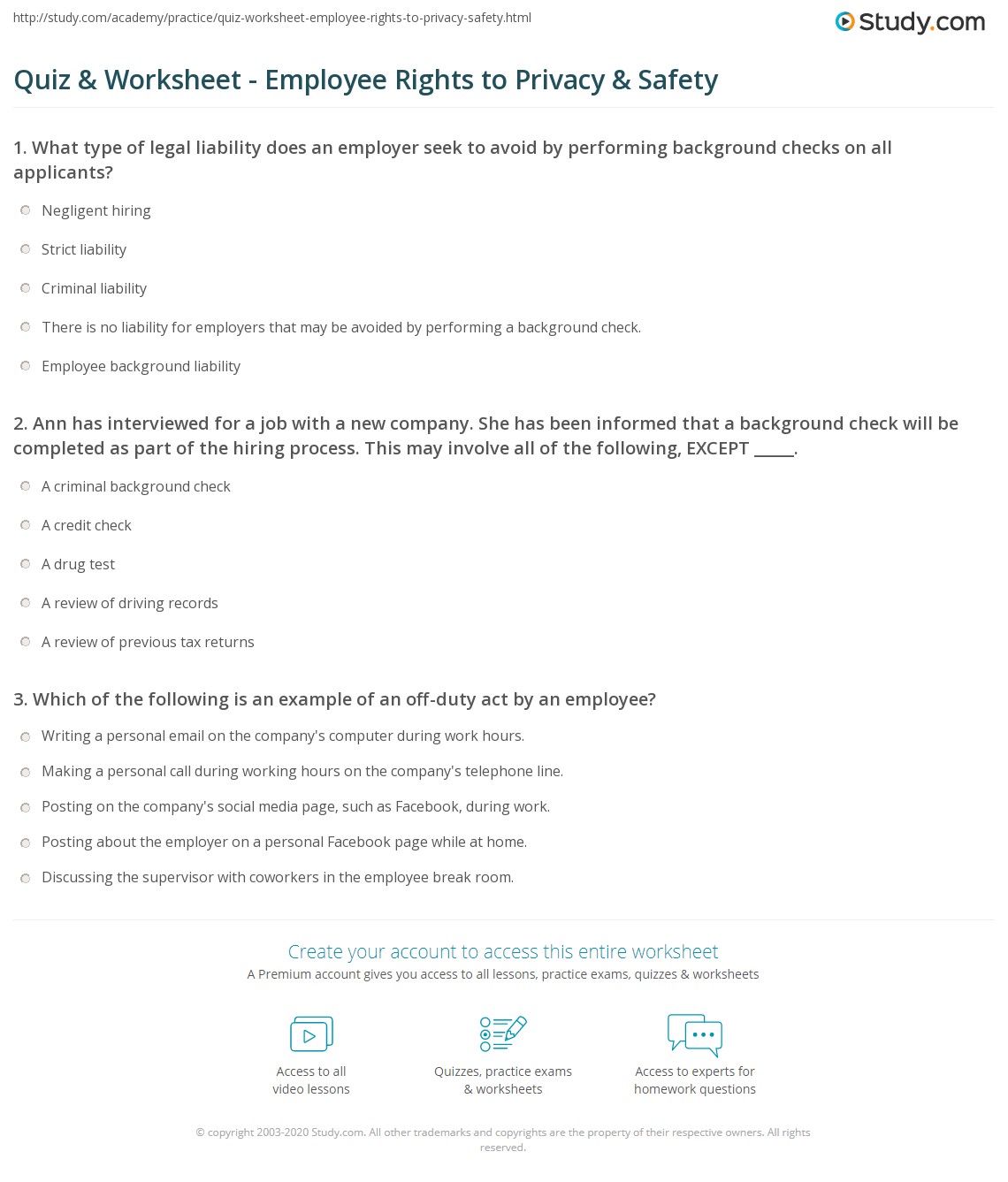 Quiz & Worksheet - Employee Rights to Privacy & Safety | Study.com