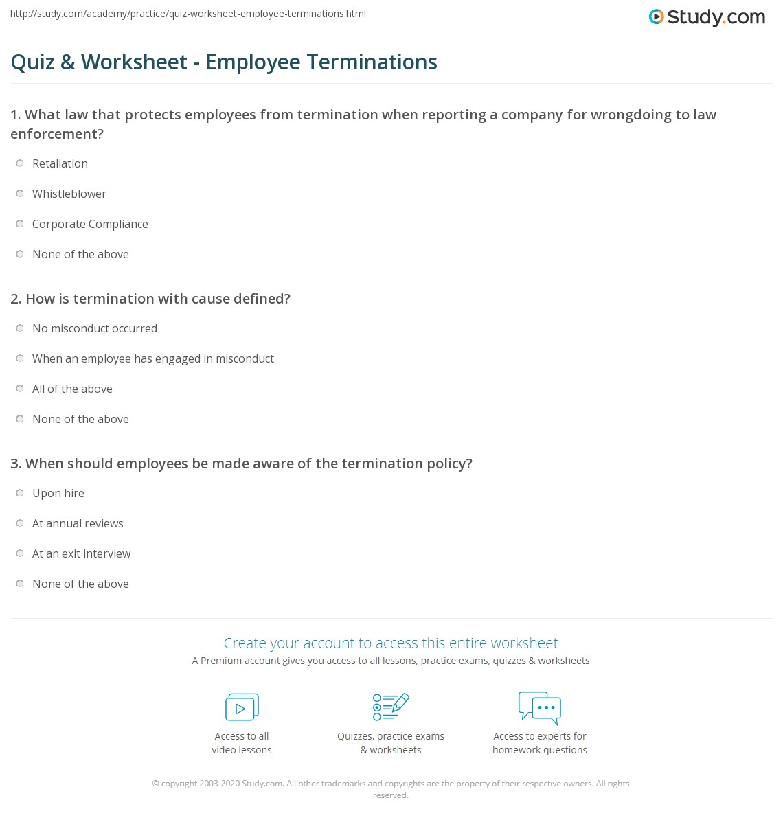 Quiz & Worksheet - Employee Terminations | Study.com
