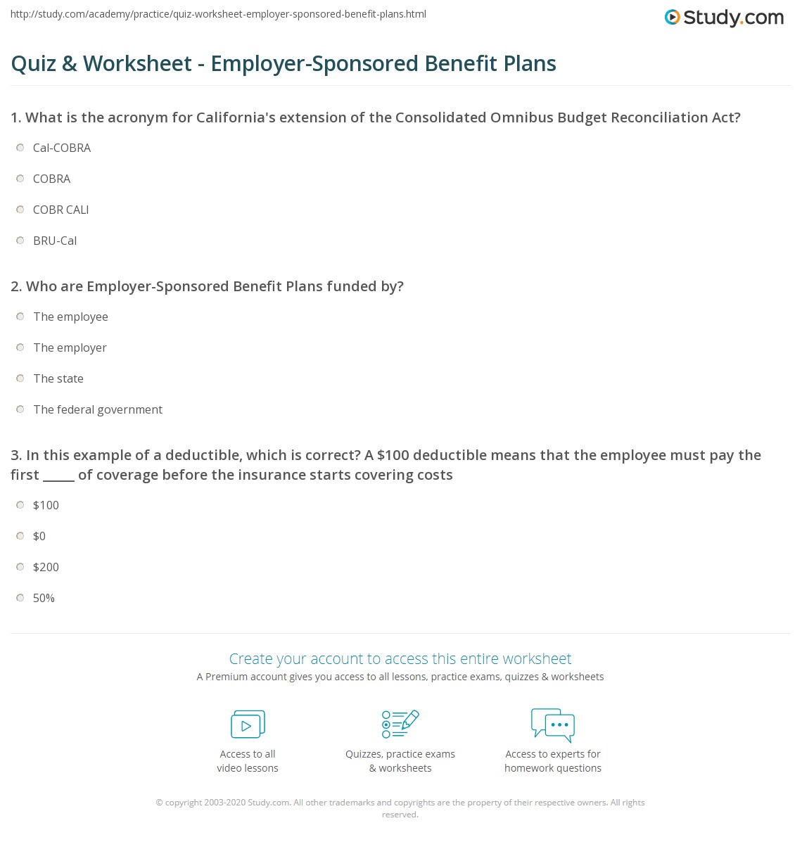 Quiz & Worksheet - Employer-Sponsored Benefit Plans | Study.com