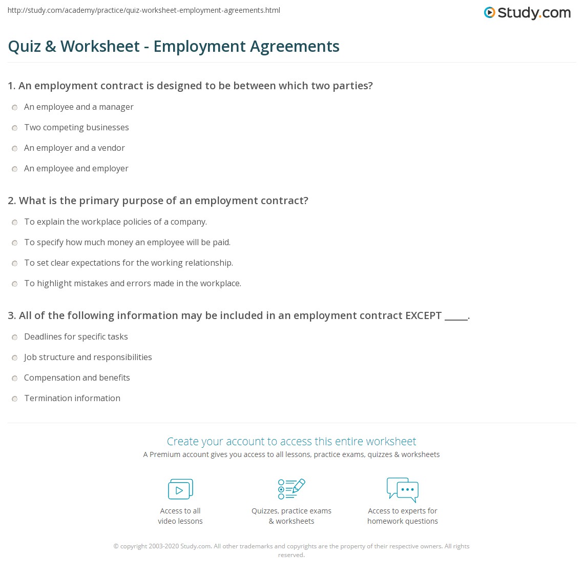 Quiz & Worksheet - Employment Agreements | Study.com
