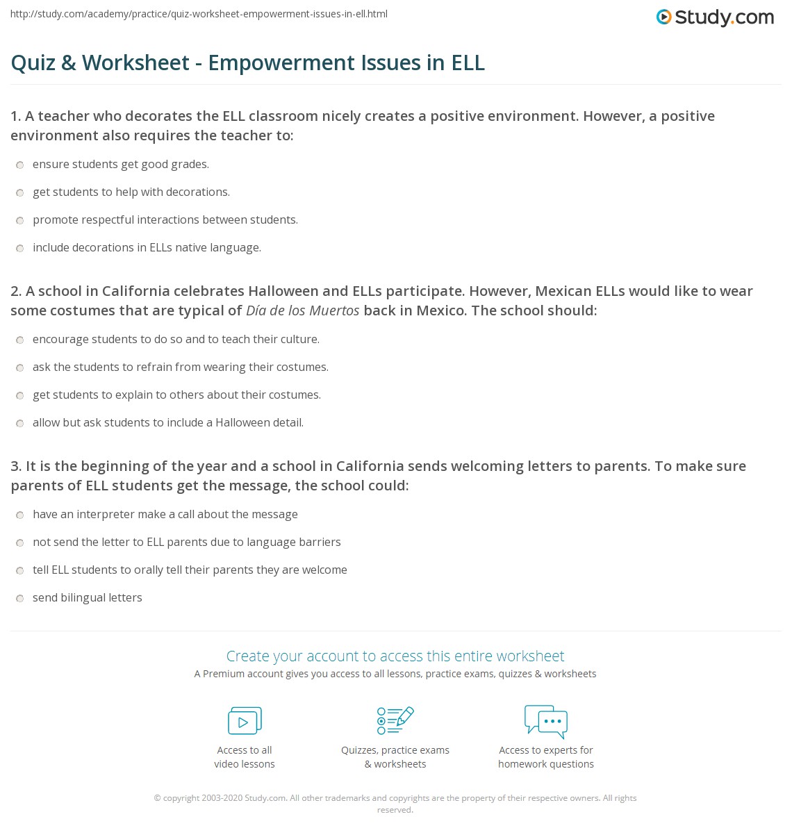 Quiz & Worksheet - Empowerment Issues in ELL | Study.com