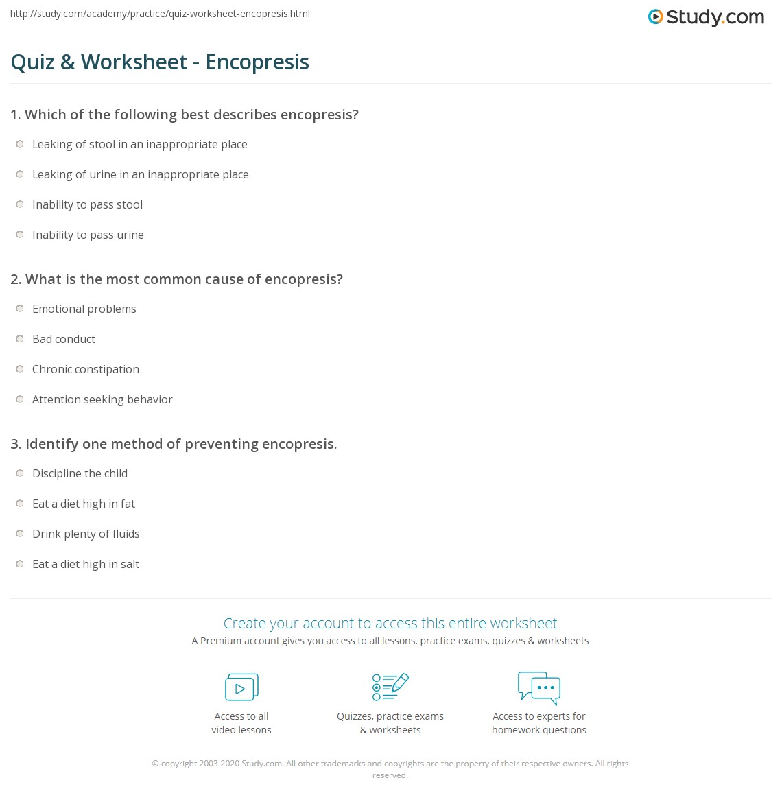 Quiz & Worksheet - Encopresis | Study.com