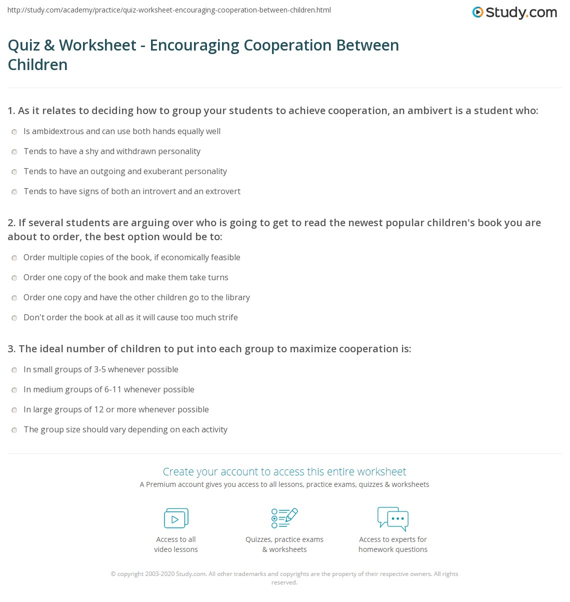 Quiz & Worksheet - Encouraging Cooperation Between Children | Study.com