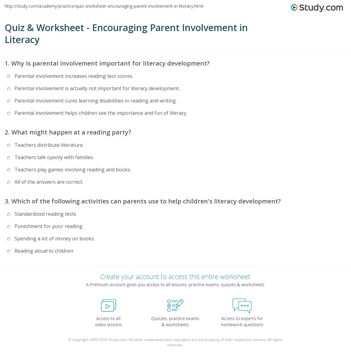 Quiz & Worksheet - Encouraging Parent Involvement in Literacy | Study.com