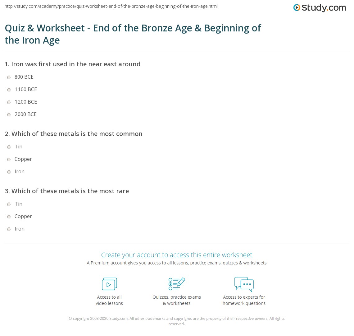 Quiz & Worksheet - End of the Bronze Age & Beginning of the Iron Age ...