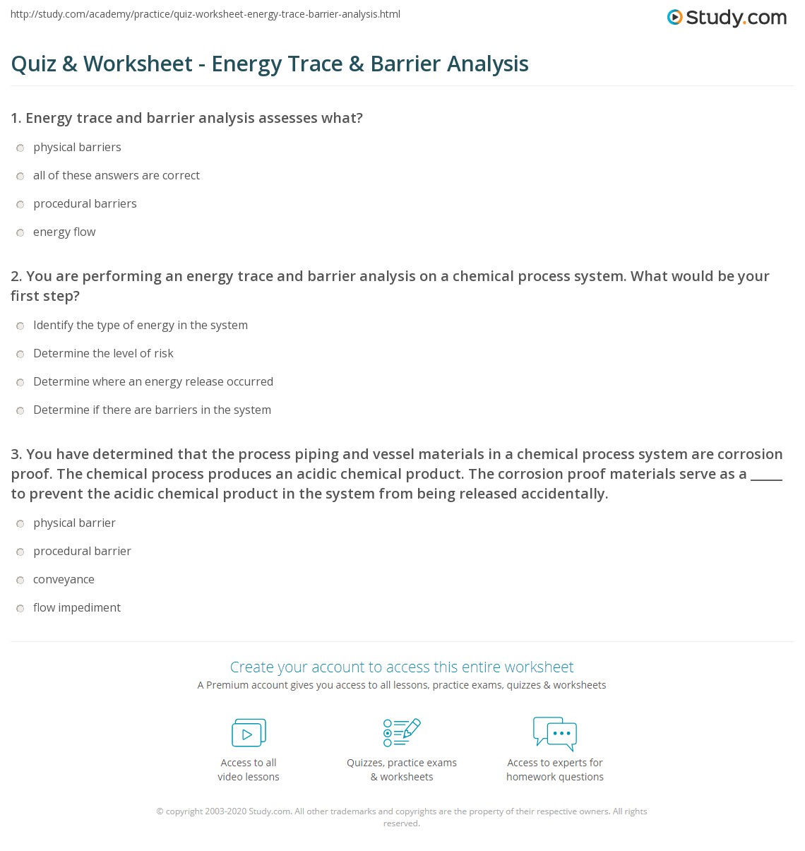 Quiz & Worksheet - Energy Trace & Barrier Analysis | Study.com