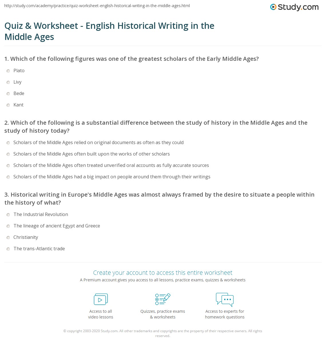 Quiz & Worksheet - English Historical Writing in the Middle Ages ...