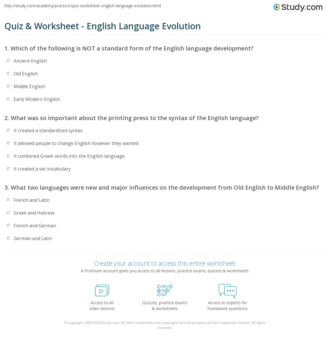 Quiz & Worksheet - English Language Evolution | Study.com