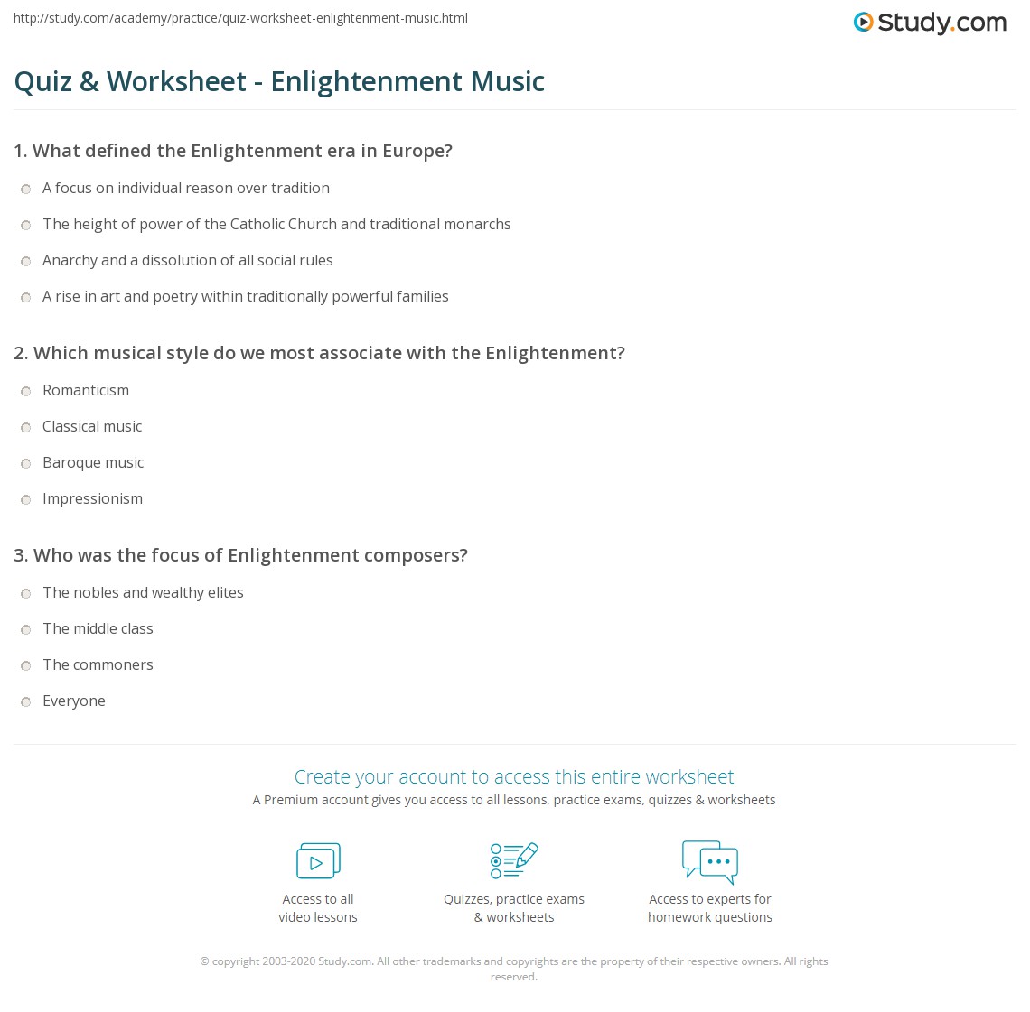 Quiz & Worksheet - Enlightenment Music | Study.com
