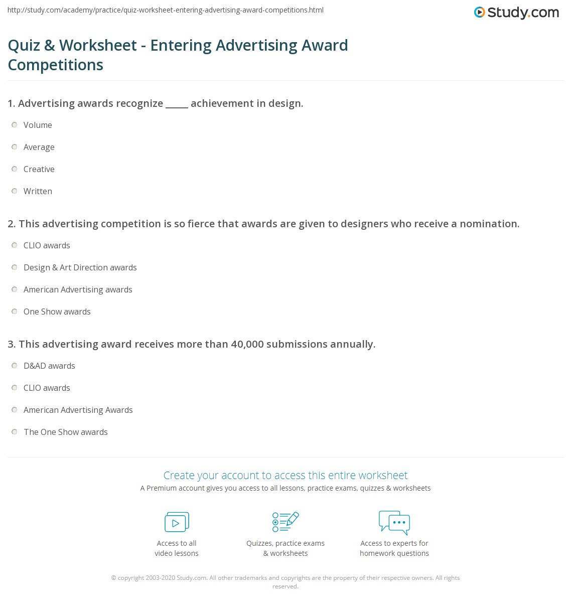 Quiz & Worksheet - Entering Advertising Award Competitions | Study.com