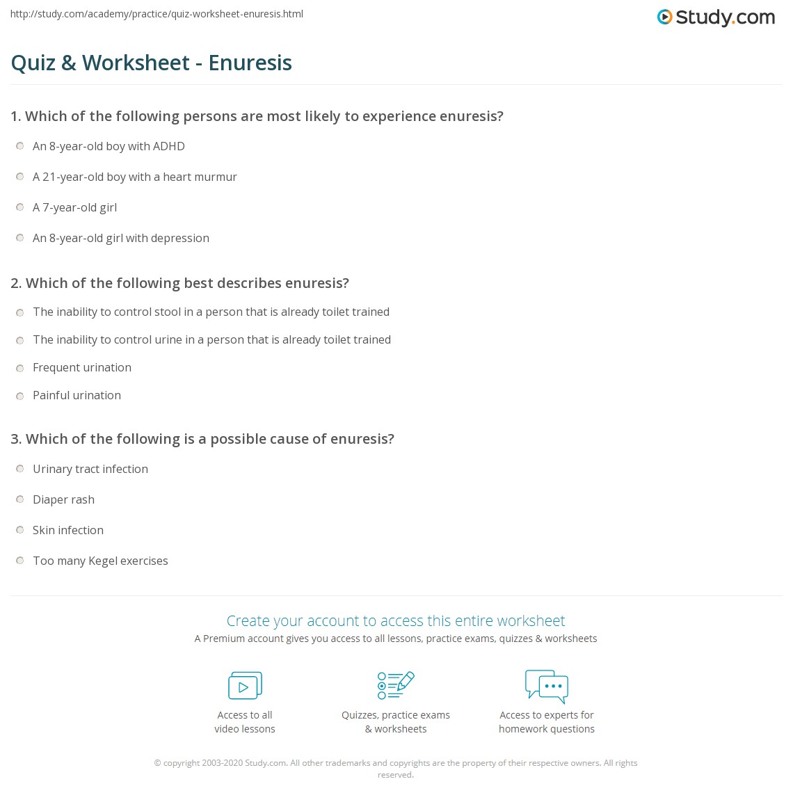 Quiz & Worksheet - Enuresis | Study.com