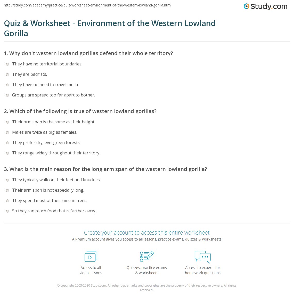 Quiz & Worksheet - Environment of the Western Lowland Gorilla | Study.com