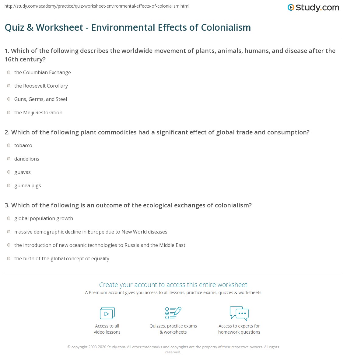 Quiz & Worksheet - Environmental Effects of Colonialism | Study.com