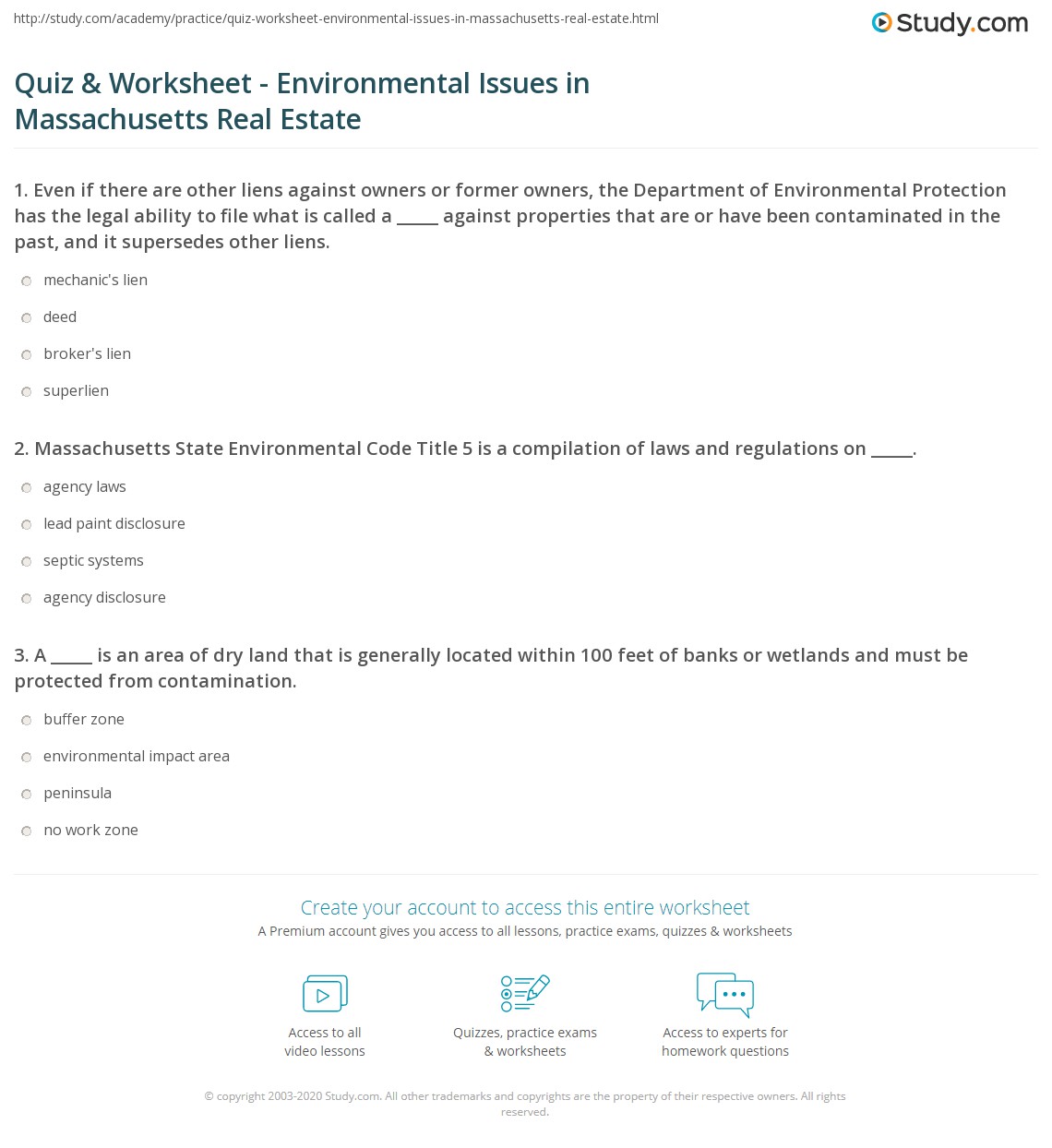 Quiz & Worksheet - Environmental Issues in Massachusetts Real Estate ...