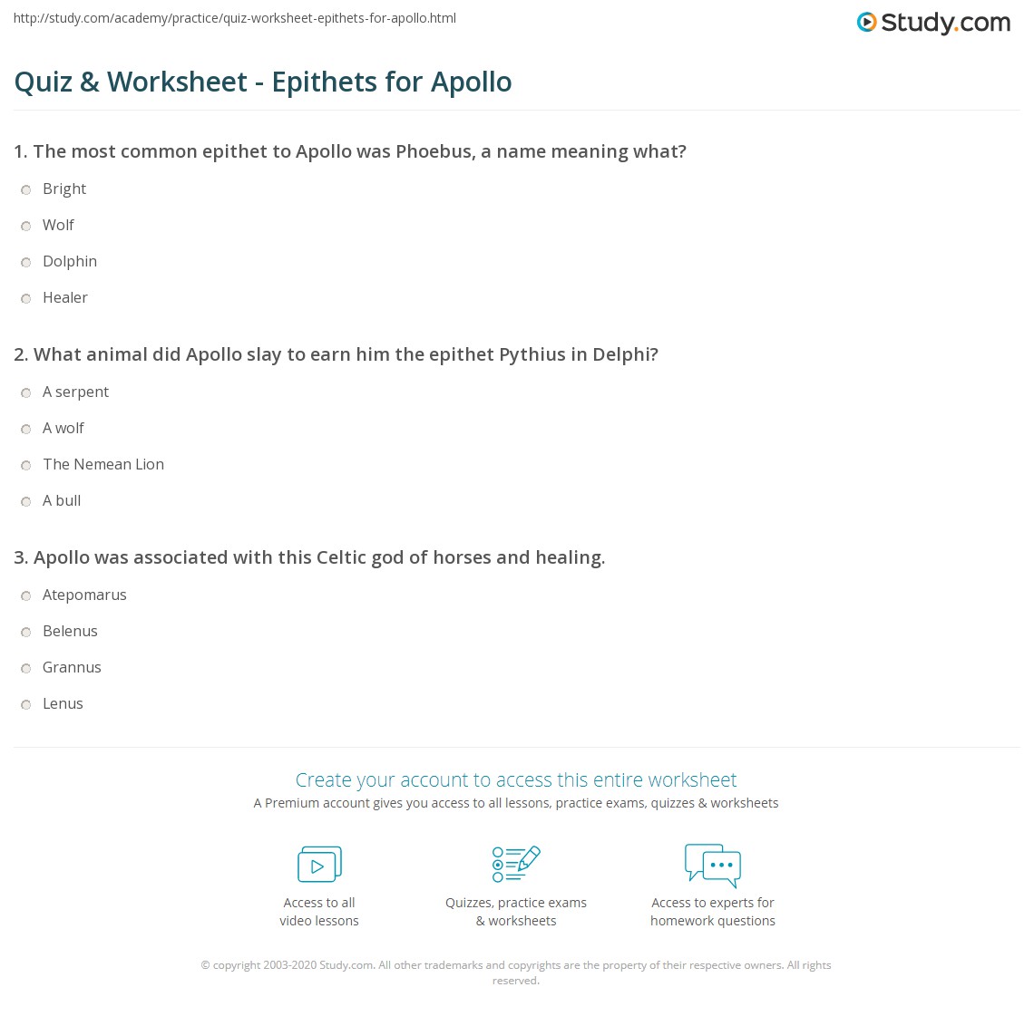 Quiz & Worksheet - Epithets for Apollo | Study.com
