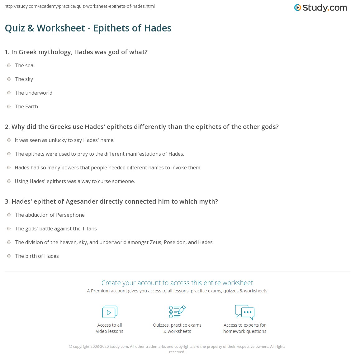 Quiz & Worksheet - Epithets of Hades | Study.com