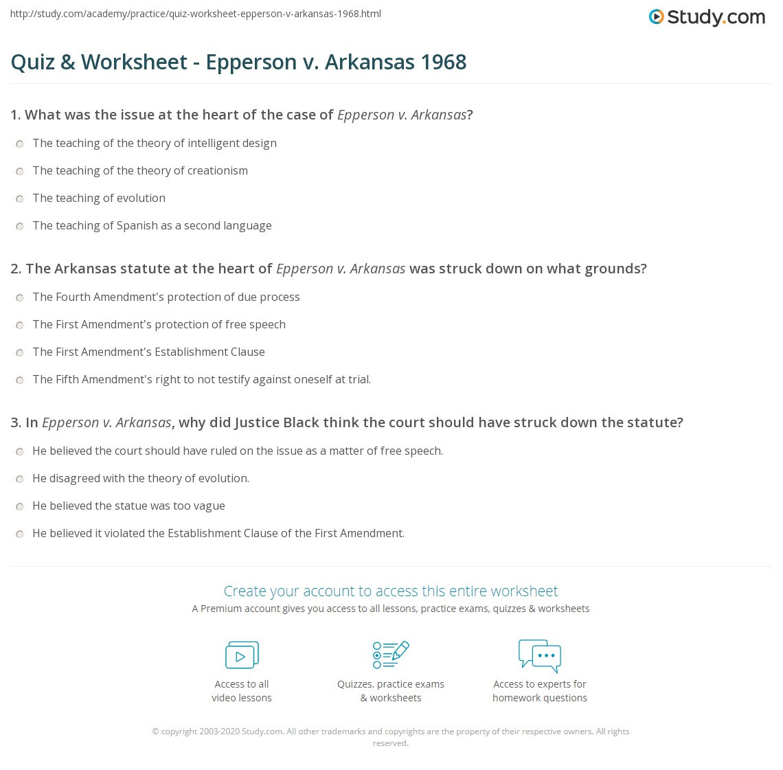 Quiz & Worksheet - Epperson v. Arkansas 1968 | Study.com
