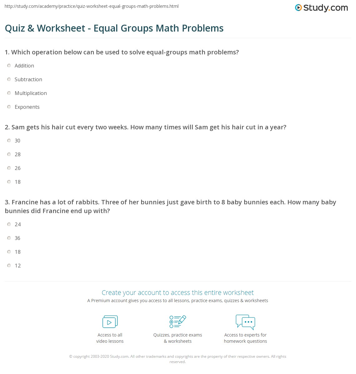 Quiz Worksheet Equal Groups Math Problems Study Quiz Worksheet Equal Groups Math Problems Study